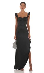 Satin Ruffle Maxi Dress in Navy | LUCY IN THE SKY