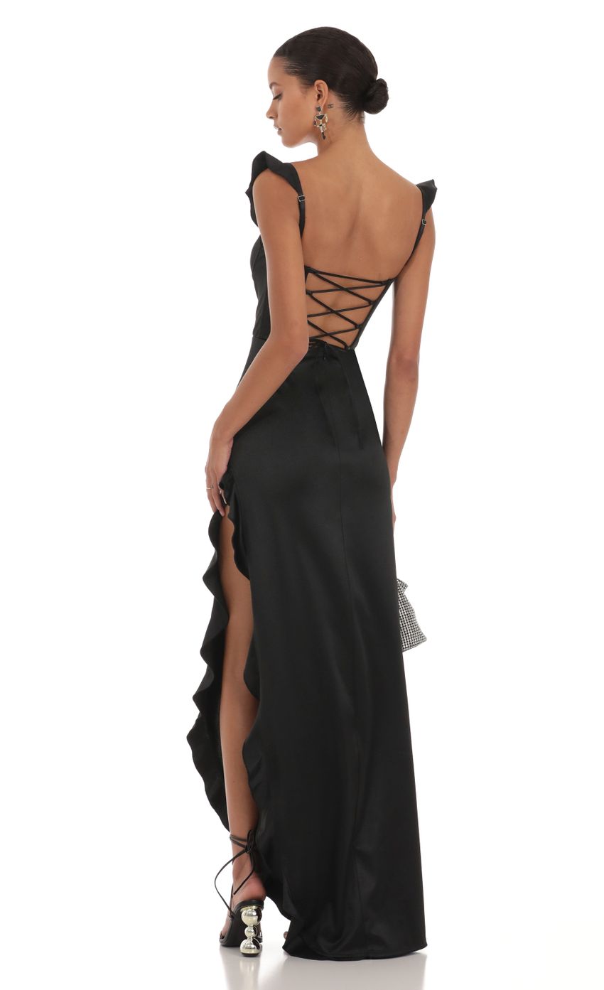 Aidyl Satin Ruffle Maxi Dress in Black | LUCY IN THE SKY