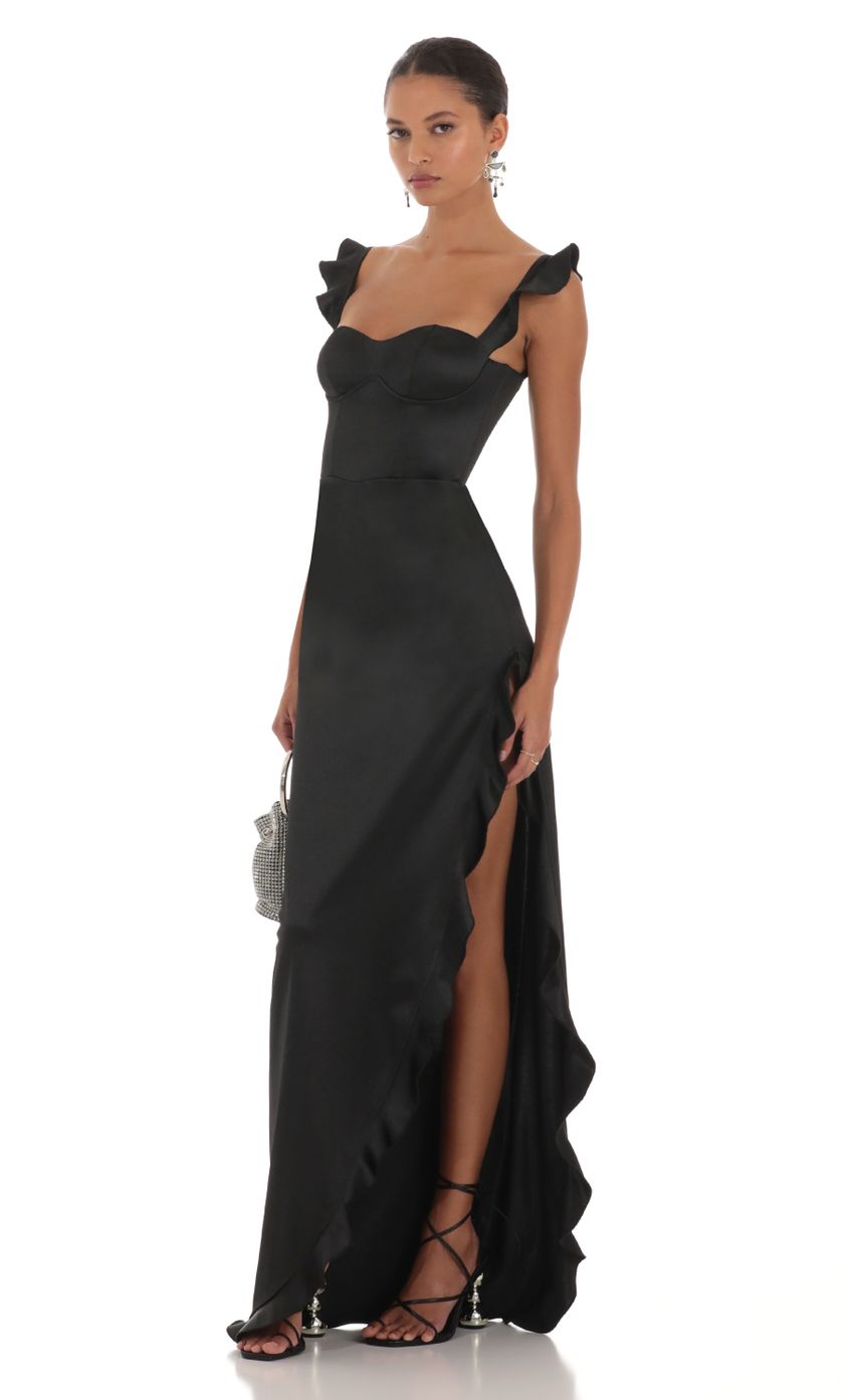 Aidyl Satin Ruffle Maxi Dress in Black | LUCY IN THE SKY