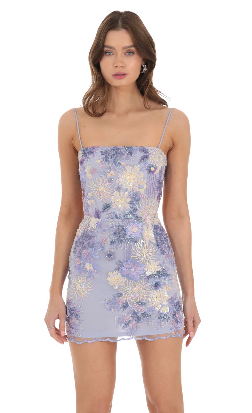 Floral Sequin Open Back Dress in Periwinkle | LUCY IN THE SKY