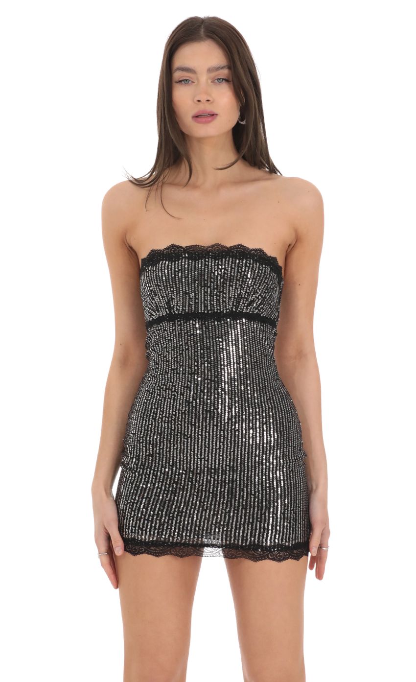 Lace Silver Sequin Strapless Bodycon Dress in Black | LUCY IN THE SKY