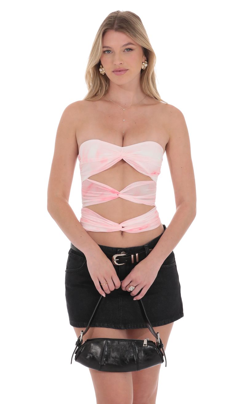 Tie Dye Mesh Cutout Strapless Top in Pink | LUCY IN THE SKY Tie Dye Mesh Cutout Strapless Top in Pink | LUCY IN THE SKY